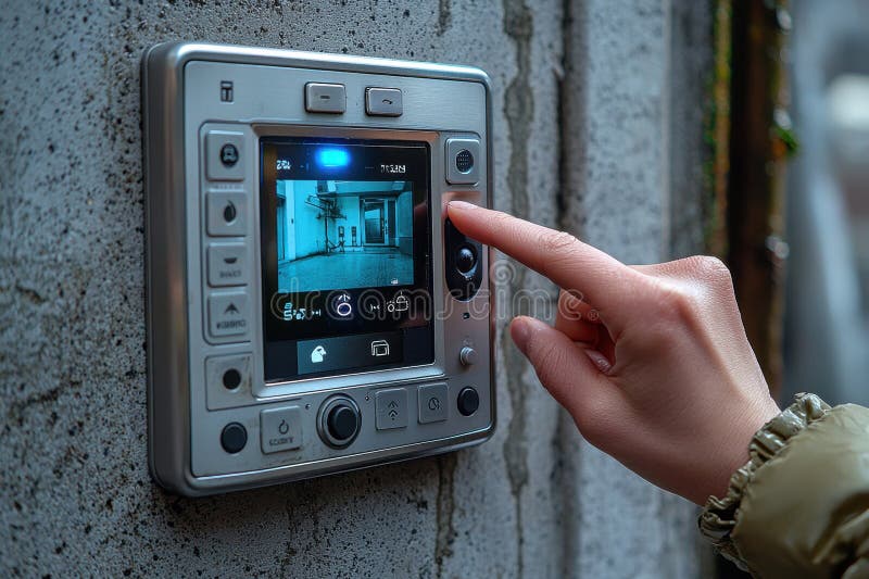 Person Using Modern Intercom System with Camera Interface for Building ...