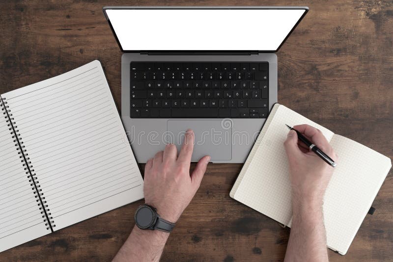 Person Using Modern Laptop Computer at Wooden Table Stock Photo - Image ...