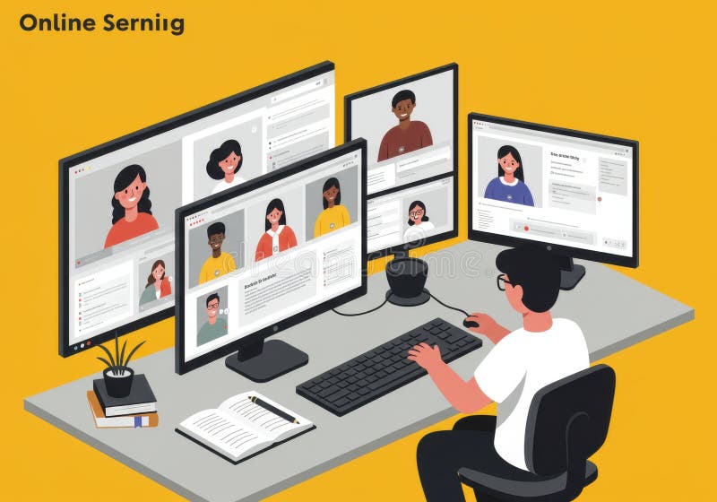 Person Using Multiple Screens for Video Conference Stock Illustration ...