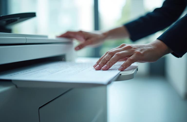 Person Using Office Copier Machine. Hand Touching Paper Sheets ...