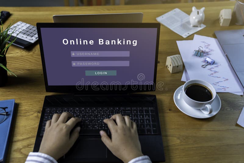 Person Using Online Banking Screen Device. Internet Online Banking ...