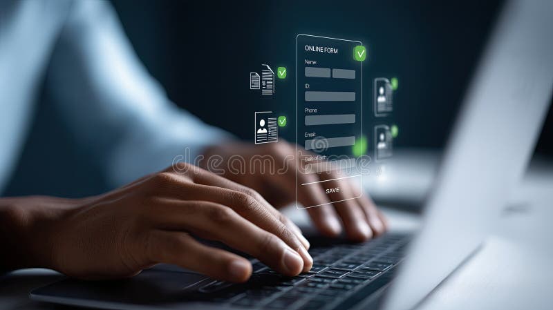 Person Using Online Form To Process Data on Laptop, with Icons ...