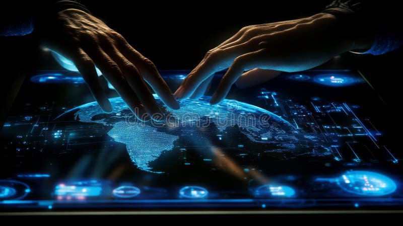 A Person is Using an Open Laptop, with Digital Blue Holographic Screens ...