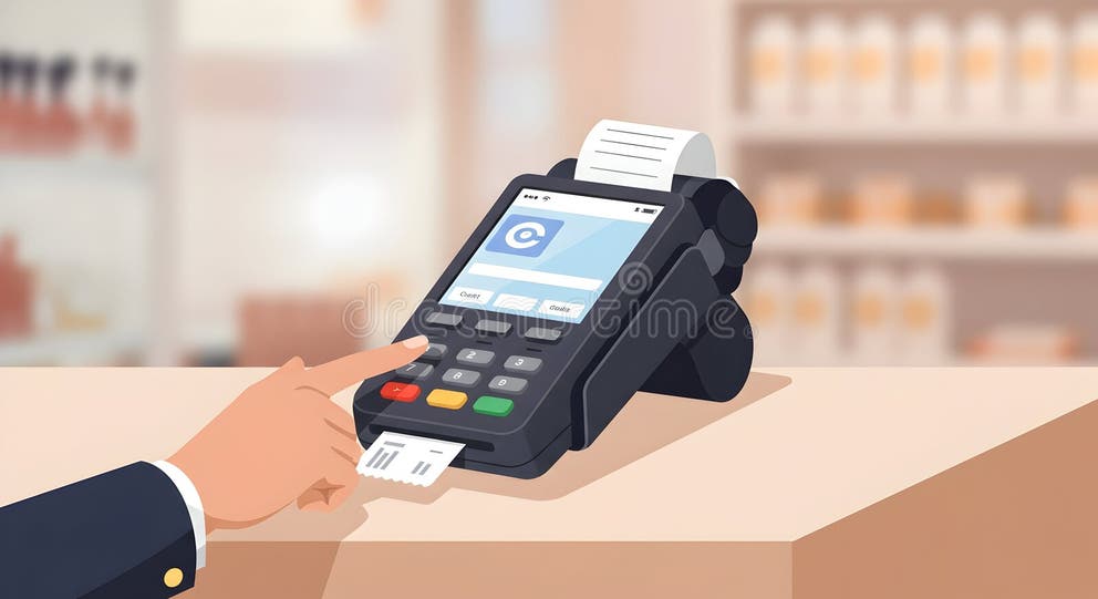 Person Using Payment Terminal with Button Input for Transaction Stock ...