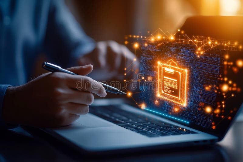 Person is Using Pen To Digitize Document on Laptop Showcasing Virtual ...