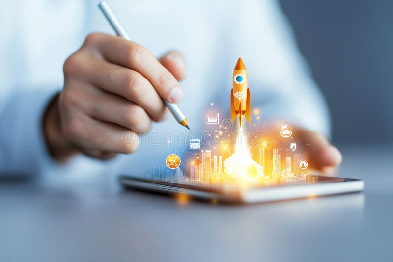 Person is Using Pen To Draw Rocket Launching from Tablet Symbolizing ...