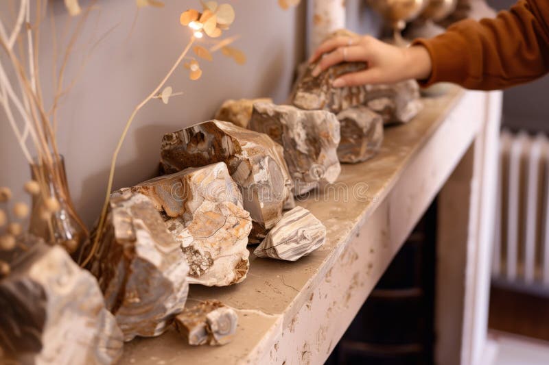 Person Using Petrified Wood Chunks As Home Decor on a Fireplace Mantel ...