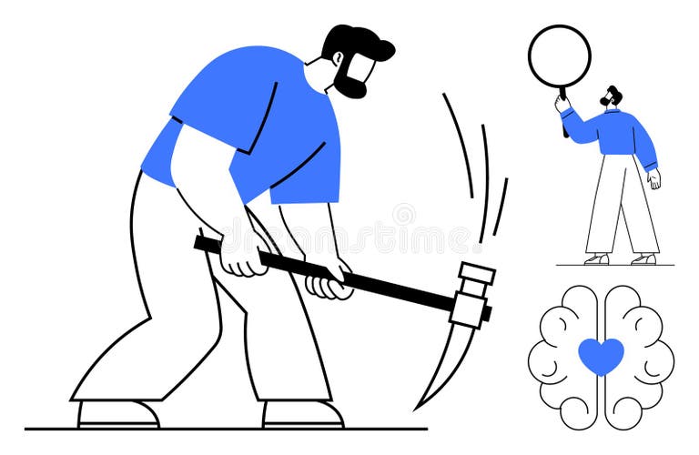 Person Using Pickaxe and Exploring Ideas with Balloon and Brain Depicting Creativity and Problem ...