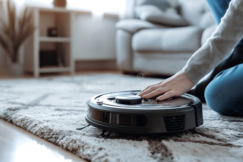 Person Using Robot Vacuum To Clean Rug in Living Room Stock Image ...