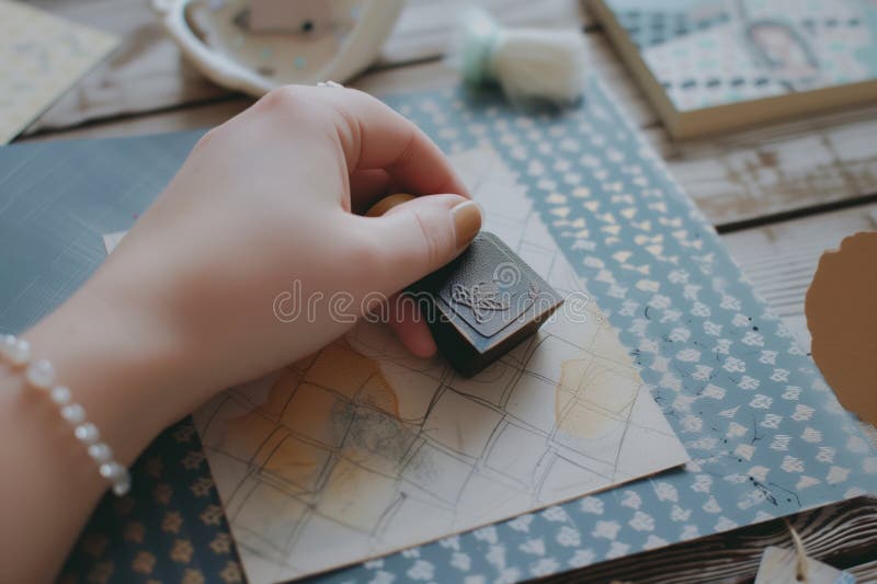 A Person Using a Rubber Stamp on Scrapbook Cardstock Stock Photo ...