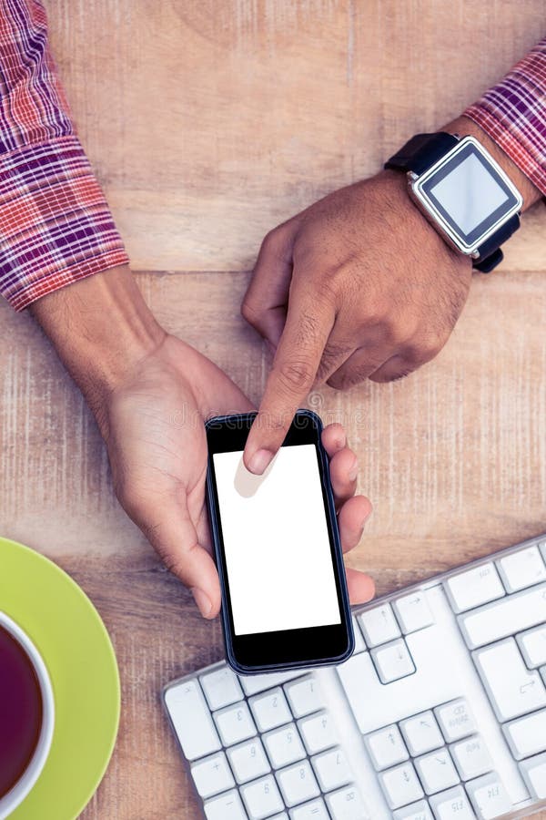 Person Using Smart Phone on Desk by Computer Ketboard Stock Photo ...