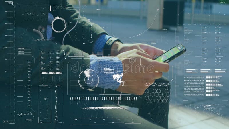 Person Using Smartphone with Animation Overlay Displaying Data and ...