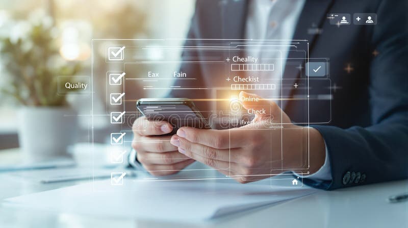 A Person Using a Smartphone with a Digital Checklist Interface ...