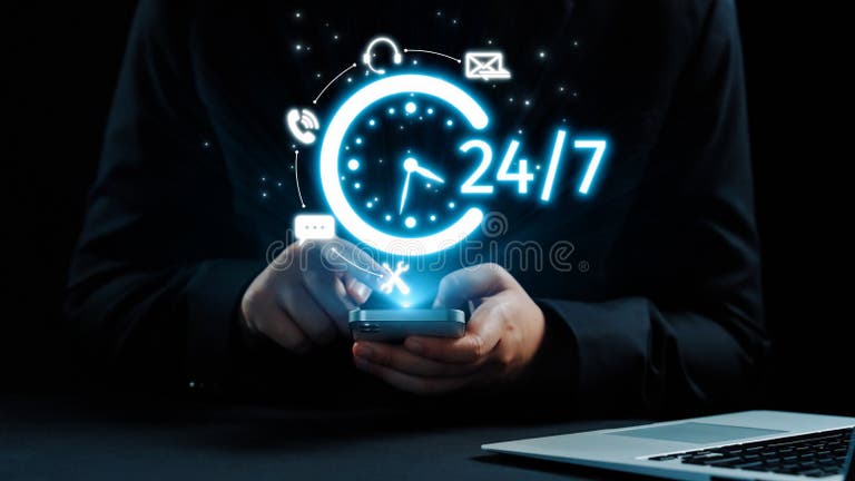 Person Using Smartphone with Digital Clock and 24 Hour Availability ...
