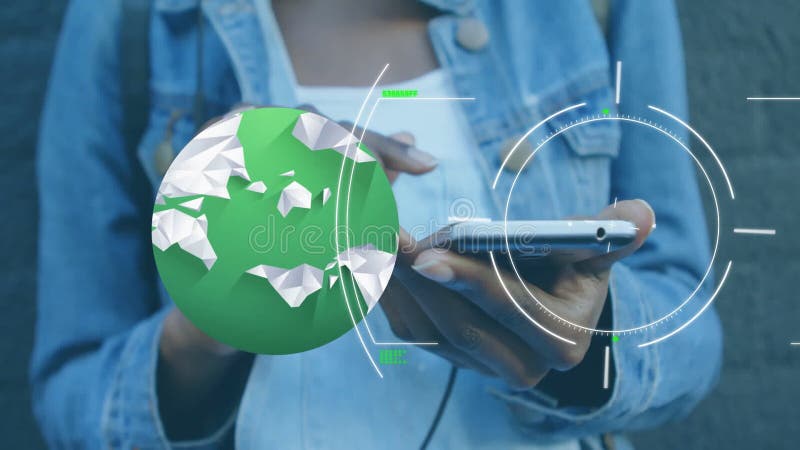 Person Using Smartphone with Digital Globe and Target Animation Overlay ...