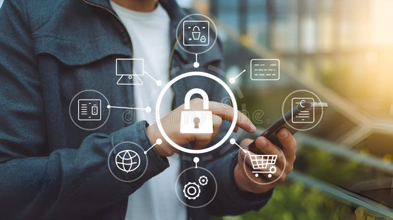 Person Using Smartphone with Digital Security Interface Representing ...