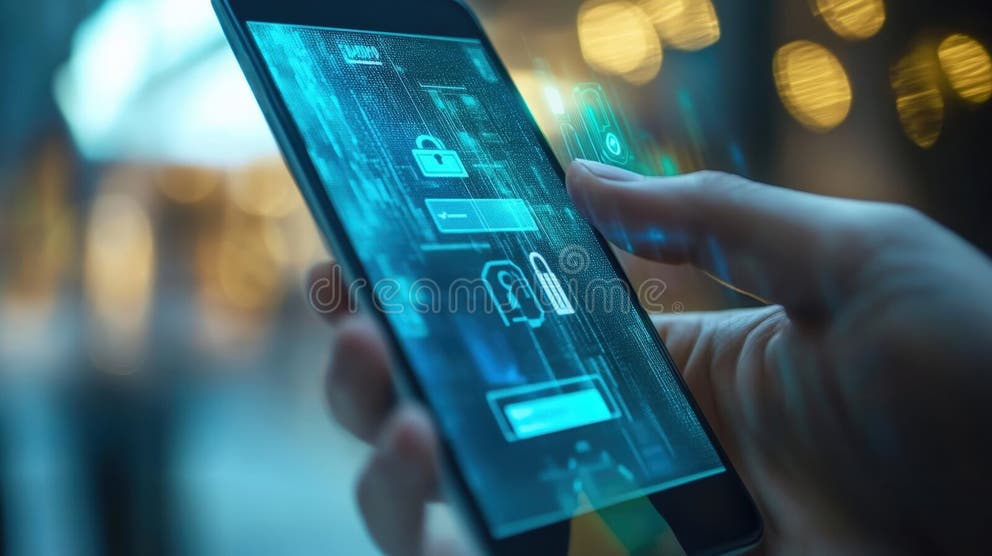 Person Using Smartphone with Futuristic Cybersecurity Interface ...