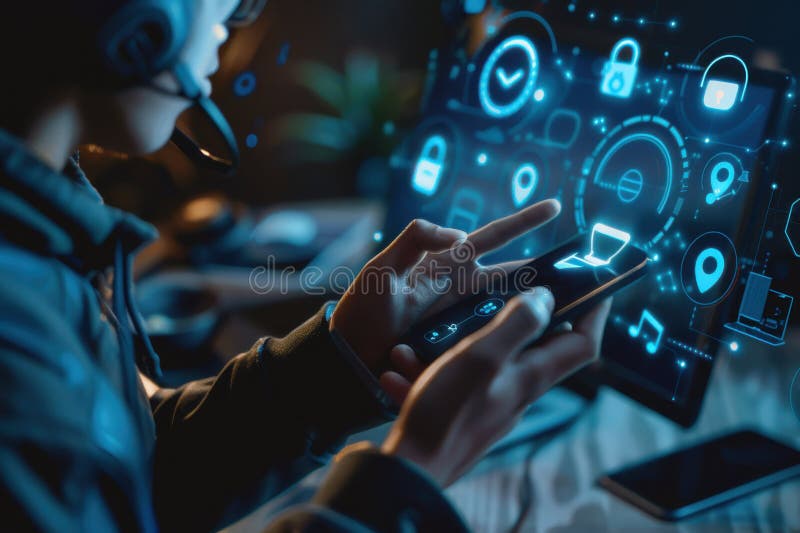 Person Using a Smartphone with Futuristic Digital Interface Overlays ...