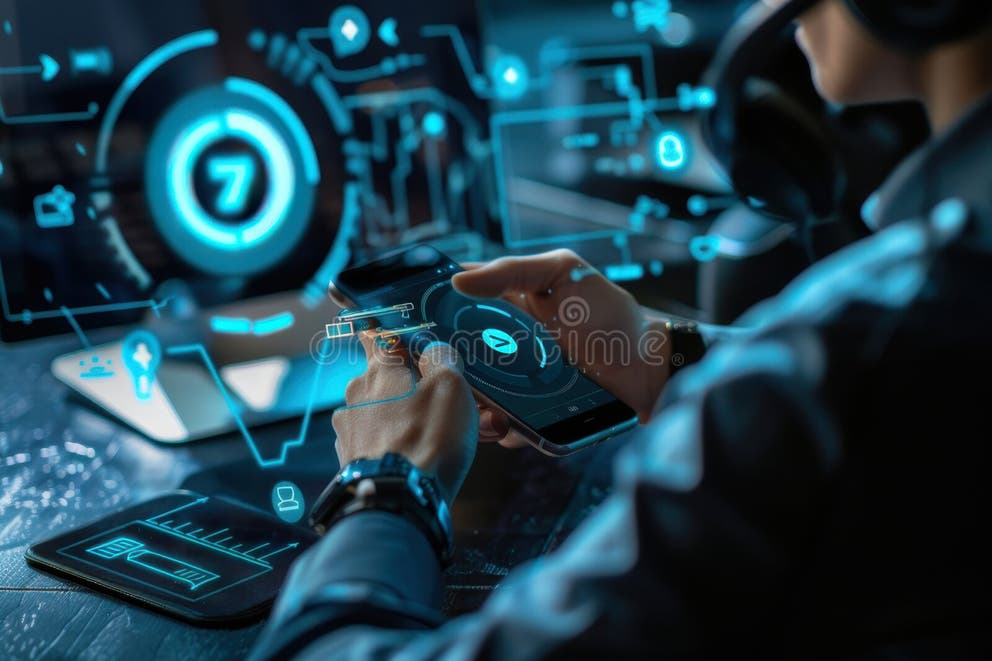 Person Using a Smartphone with Futuristic Digital Interface Overlays ...
