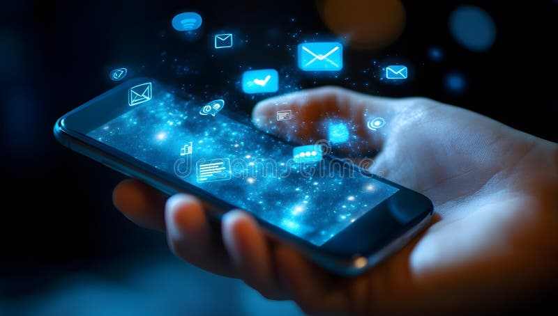 Person Using Smartphone with Glowing Chat Icons, Social Media ...