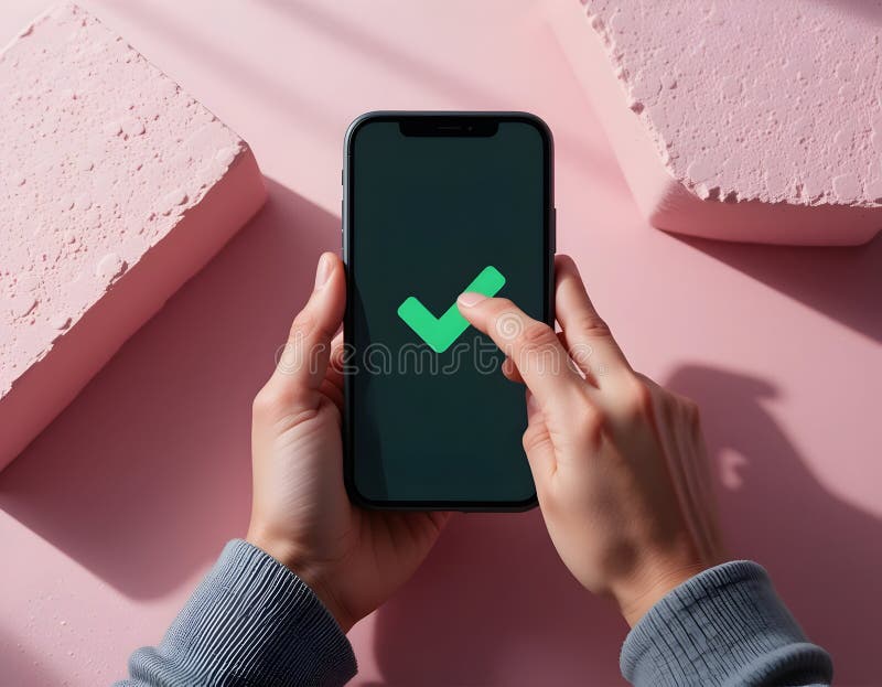Person Using Smartphone with Green Check Mark on Screen Display Stock ...