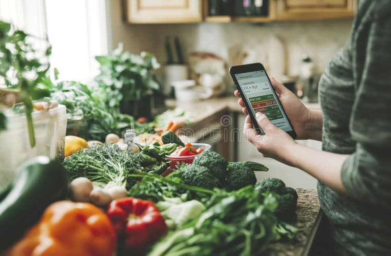 Person Using Smartphone for Grocery Shopping Amidst Fresh Vegetables in ...