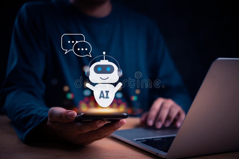 Person Using Smartphone with Holographic AI Chatbot, Representing ...