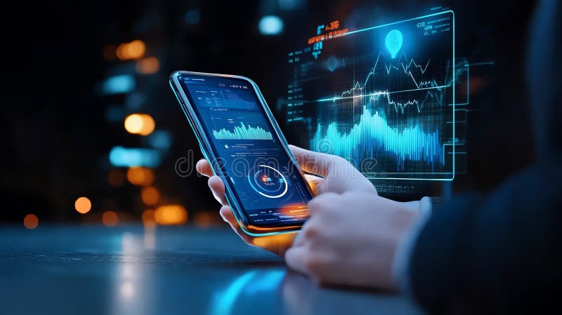 Person Using Smartphone with Holographic Data Display in a Modern ...