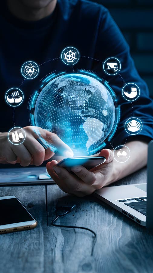 Person Using Smartphone and Holographic Globe Interface in Dark ...