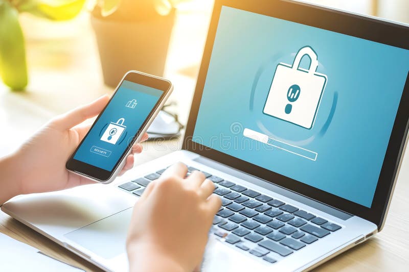 Person Using Smartphone and Laptop for Data Security with Lock Icons on ...