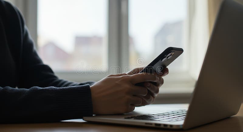 Person Using Smartphone and Laptop Near Window, Remote Work, Online ...