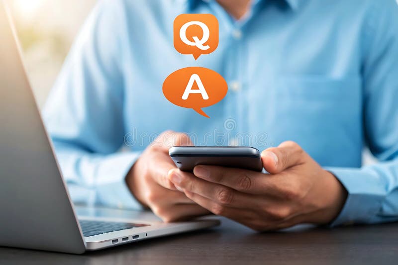 Person Using Smartphone and Laptop with Q and a Speech Bubbles ...