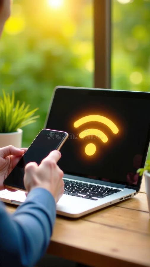 Person Using Smartphone and Laptop with WiFi Symbol Glowing in Sunlight ...