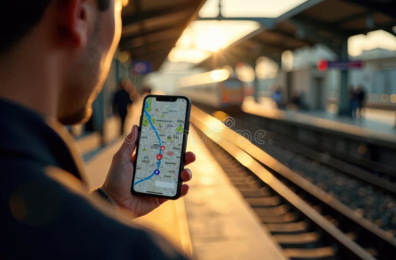 Person Using a Smartphone for Navigation at a Train Station during ...