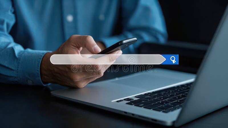 Person Using a Smartphone with a Search Bar Overlay for Online ...