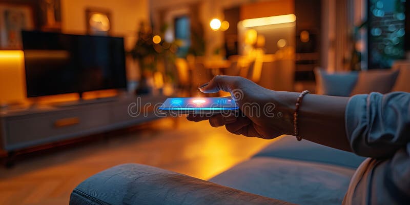 Person Using a Smartphone To Control Smart Home Devices in a Cozy ...
