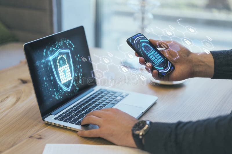Person Using Smartphone To Control Virtual Padlock on Laptop for Secure ...