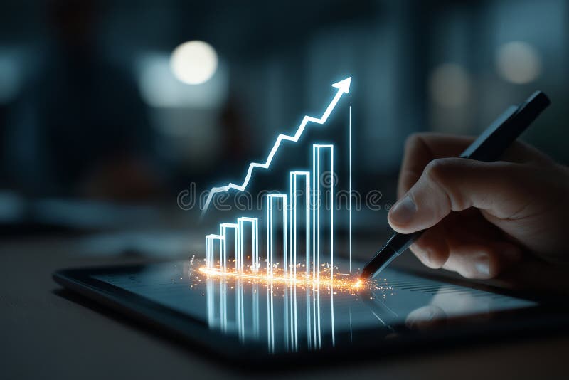 Person Using Stylus on Digital Tablet To Create Glowing Graph ...