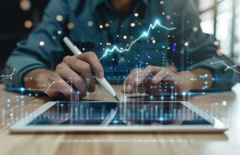 Person Analyzing Financial Data on Tablet with Digital Graphs in Modern ...