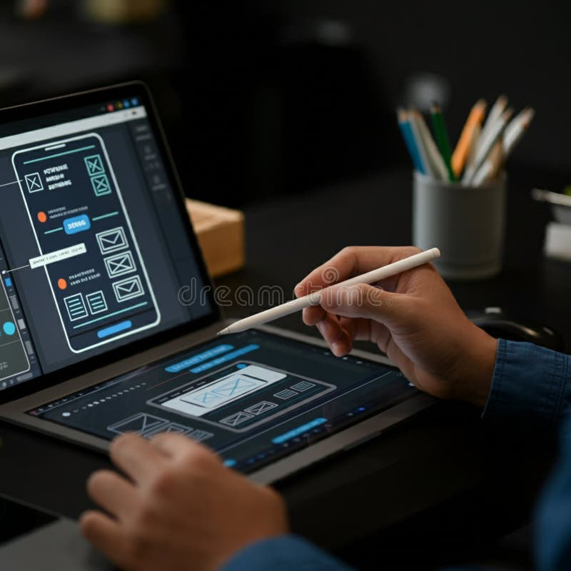 A Person is Using a Stylus To Design a User Interface on a Tablet, with ...
