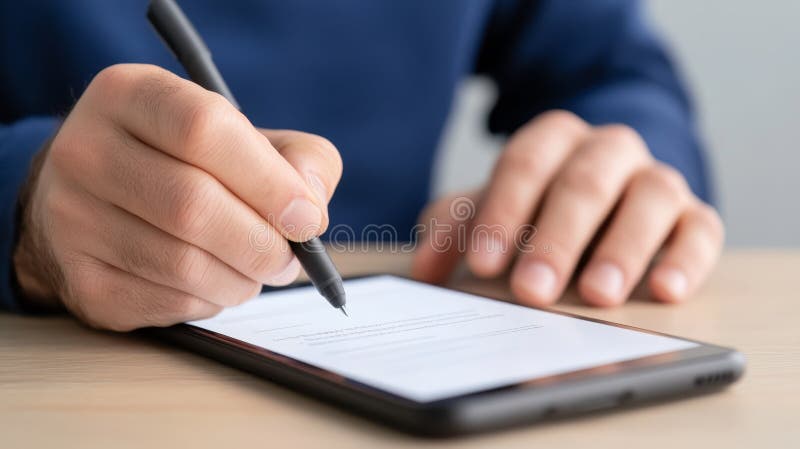 Person Using a Stylus To Take Notes on a Tablet in a Modern Workspace ...
