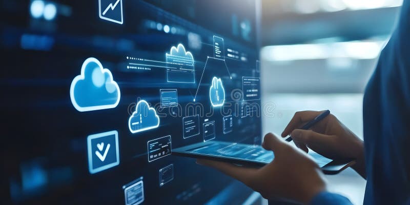 A Person is Using a Tablet with a Blue Screen that Has a Lot of Icons ...