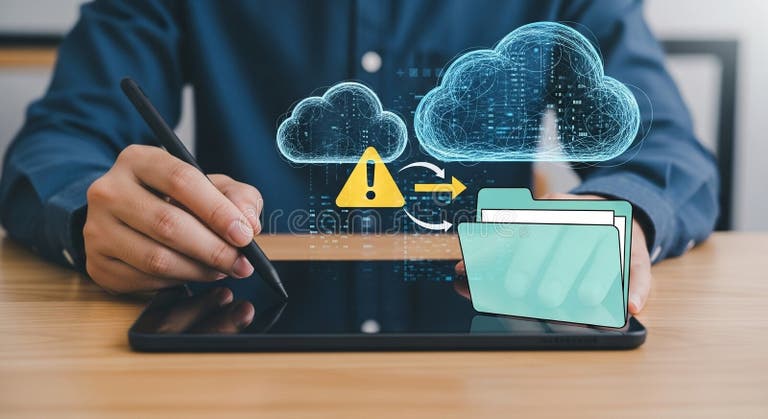 Person Using Tablet with Cloud Data Transfer and Warning Sign for File ...