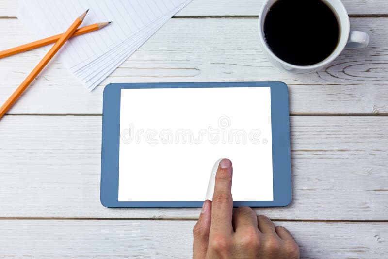 Person Using Tablet Computer at Desk Stock Image - Image of caffeine ...