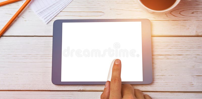 Person Using Tablet Computer at Desk Stock Photo - Image of wooden ...