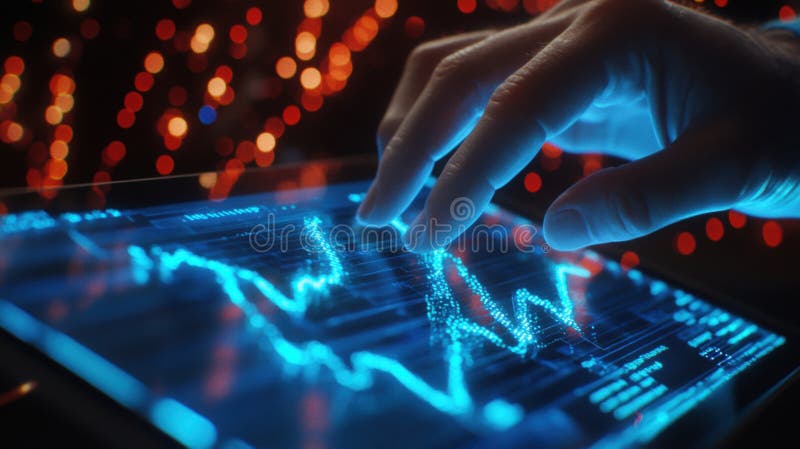 A Person Using a Tablet Computer with a Glowing Screen Stock ...