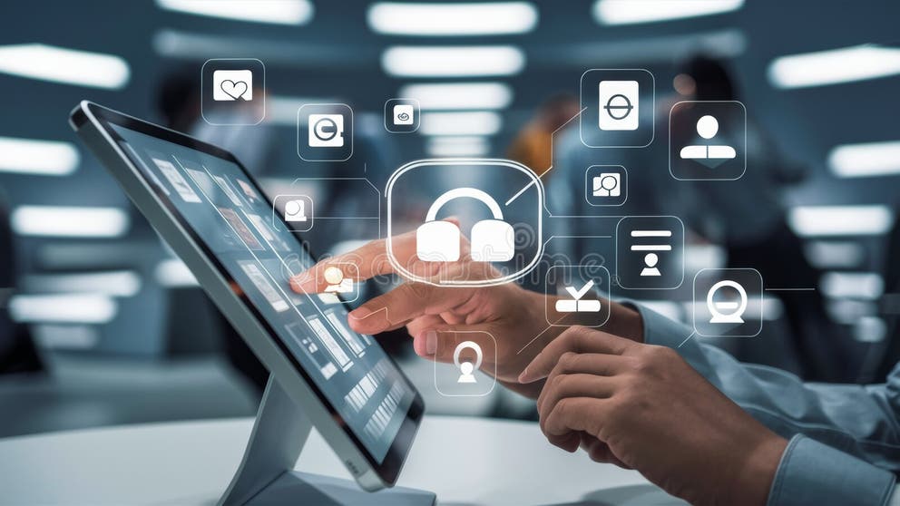 A Person is Using a Tablet Computer with Icons on it, AI Stock Image ...