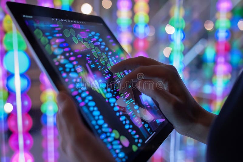 Person Using Tablet with Data Visualization and Colorful Background ...