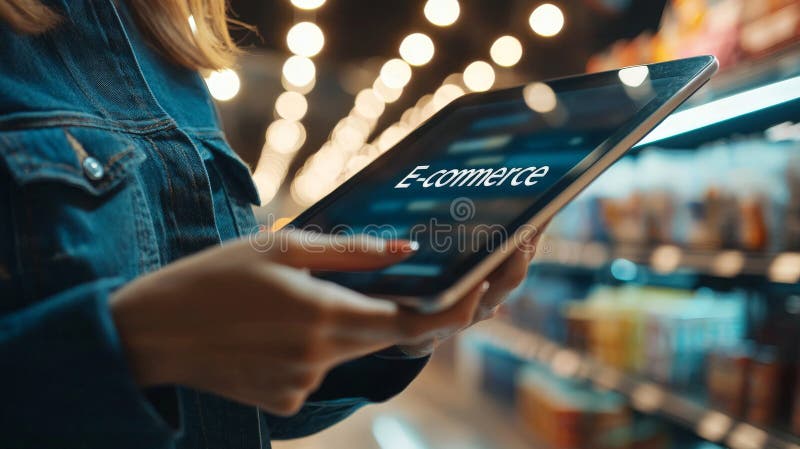 Person Using Tablet for E-commerce in a Retail Store Setting Stock ...