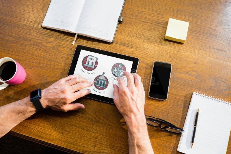 Person Using a Tablet with Education Icons on the Screen Stock Image ...